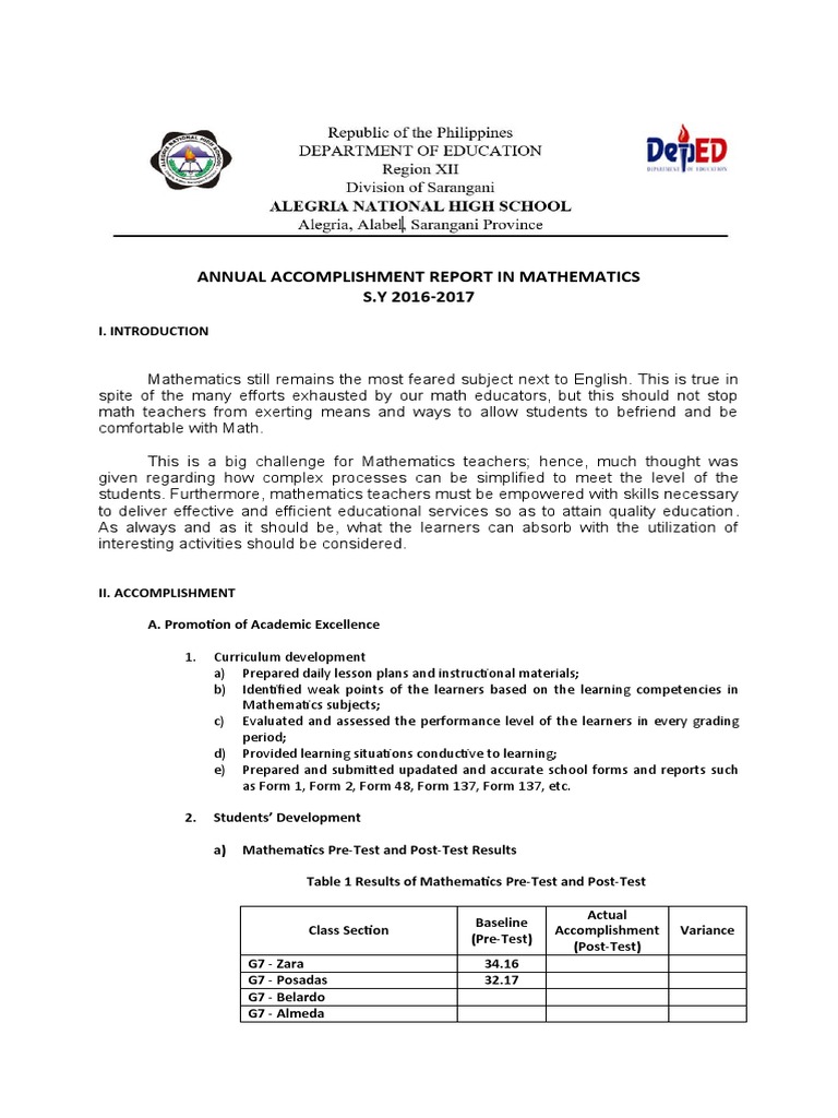 Mathematics Accomplishment Report | PDF | Test (Assessment) | Teachers