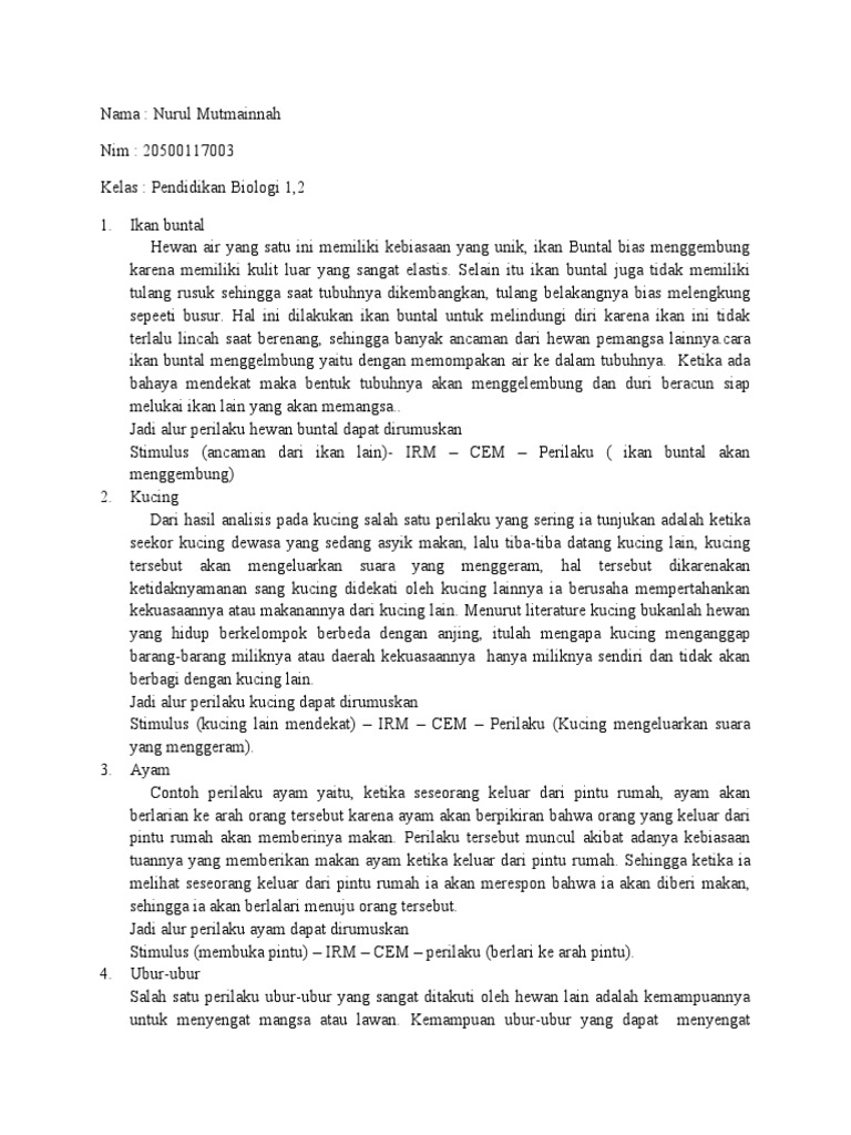 Perilaku Hewan (Nurul Mutmainnah) | PDF | Sains & Matematika | Dewasa Muda