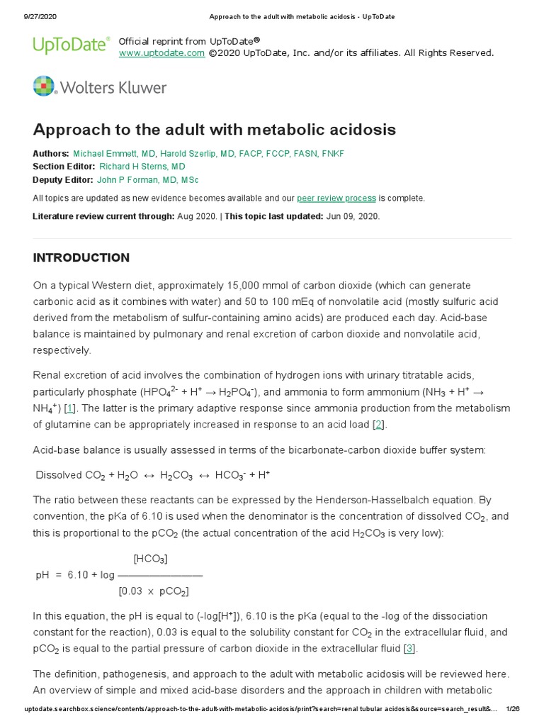 Approach To The Adult With Metabolic Acidosis - UpToDate | PDF | Kidney ...