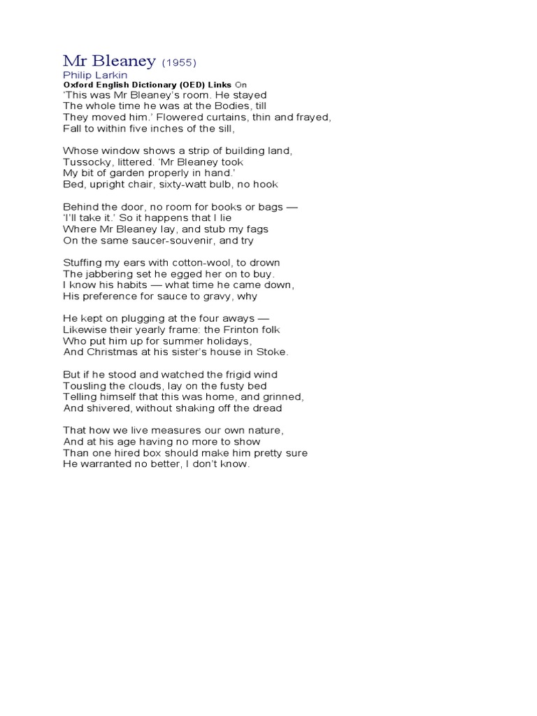 MR Bleaney: (1955) Philip Larkin | PDF