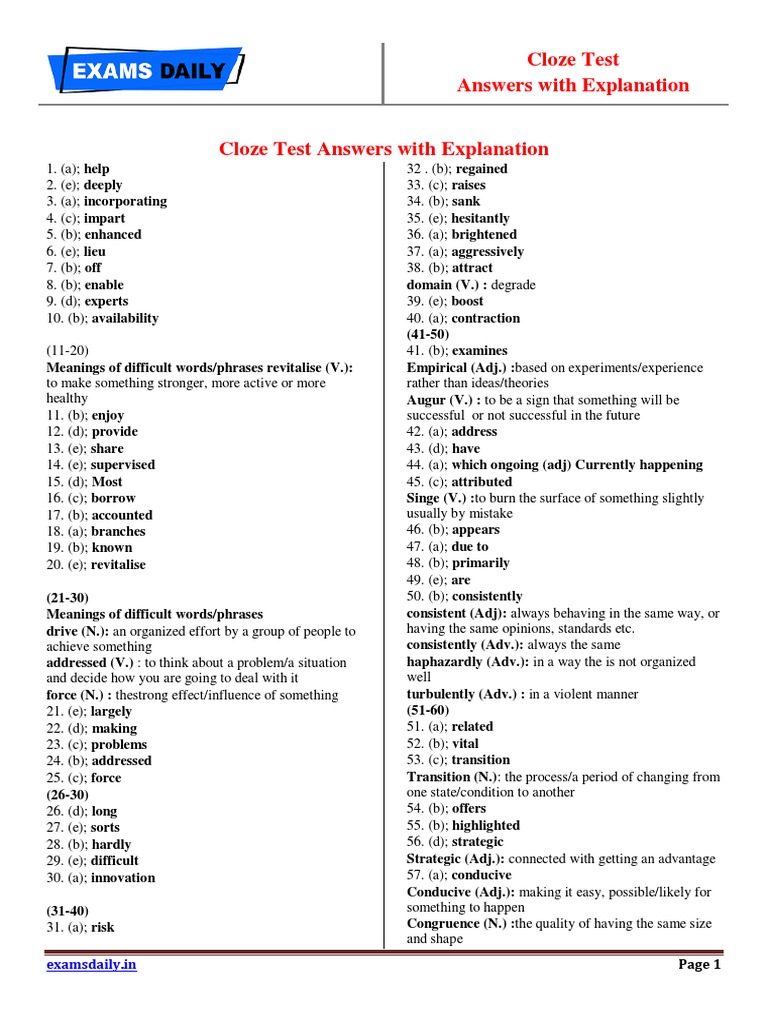 Cloze Test Answers and Explanations | PDF