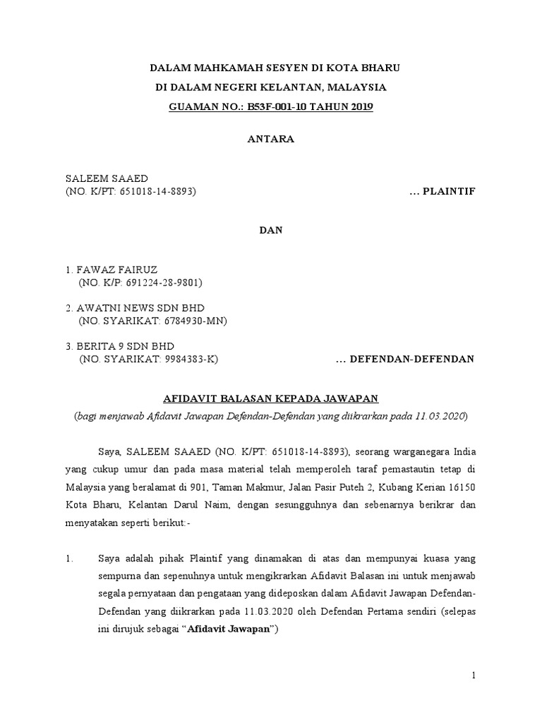 Afidavit Balasan Plaintif | PDF