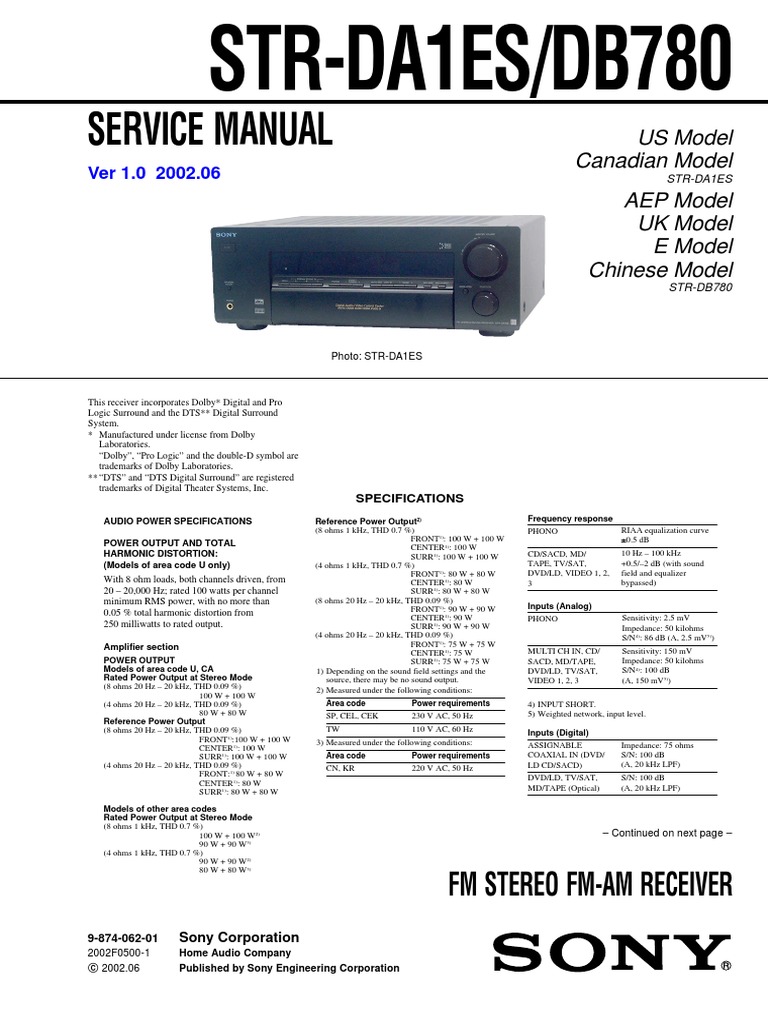 Service Manual: STR-DA1ES/DB780 | PDF | Audio Electronics | Electronics