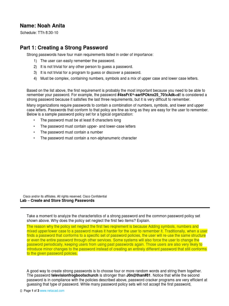 3.1.1.5 Lab - Noah-Create and Store Strong Passwords | PDF | Password | Secure Communication