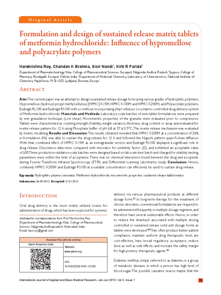 Formulation and Design of Sustained Release Matrix Tablets of Metformin ...