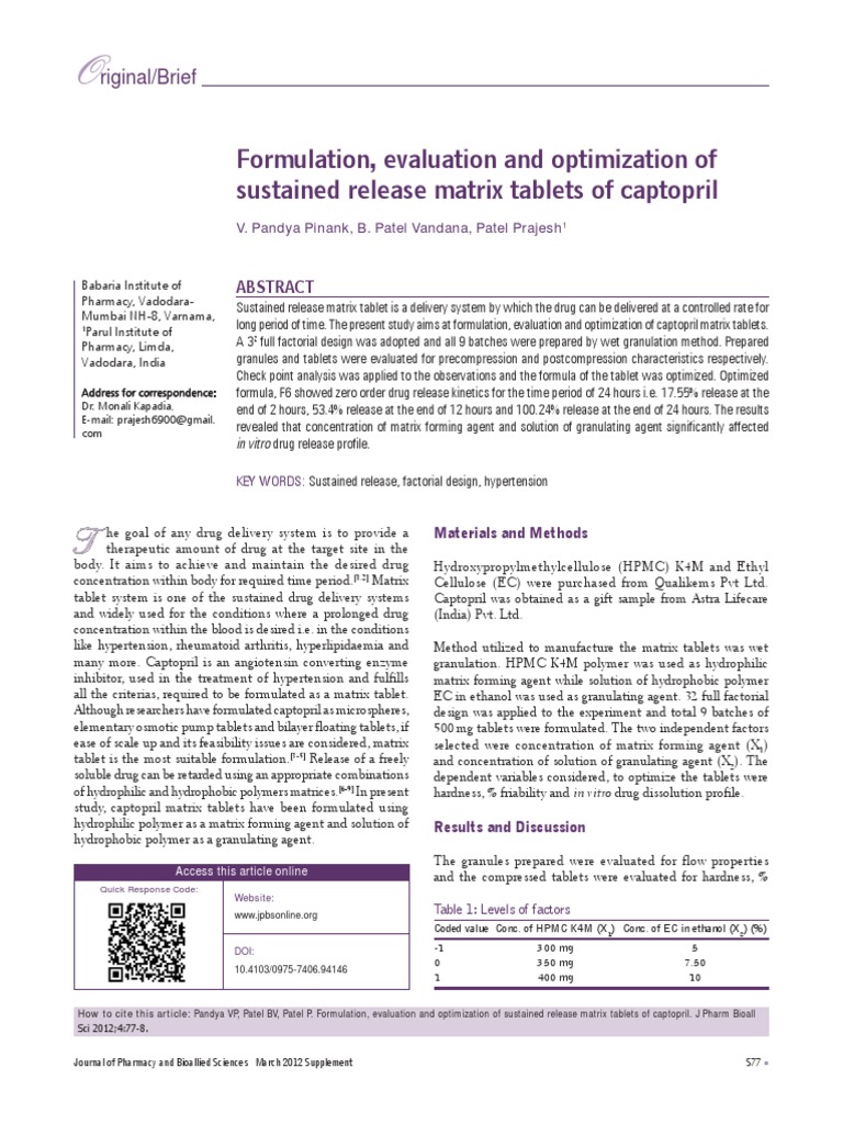 Formulation Evaluation And Optimization Of Sustained Release Matrix Tablets Of Captopril Pdf