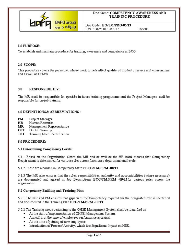 Competency Awareness & Training Procedure | PDF | Competence (Human ...
