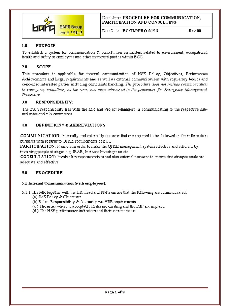 HSE Communication and Consultation Procedure | PDF | Public Sphere | Safety