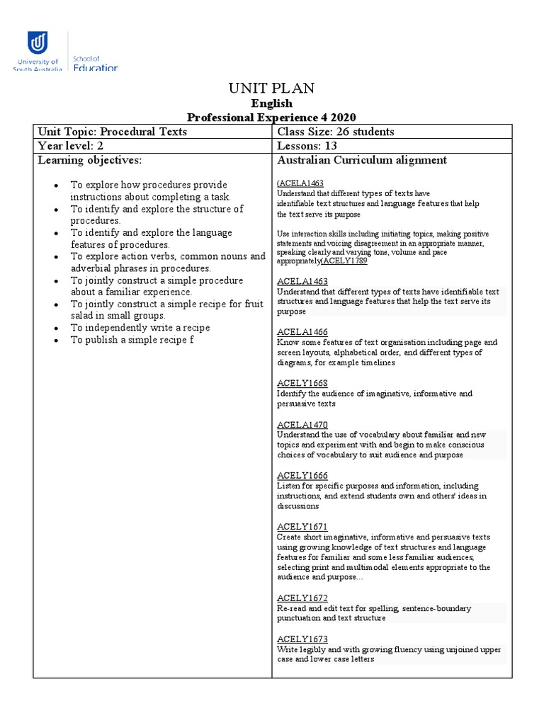 Unit Plan Procedure | PDF | Adverb | Verb