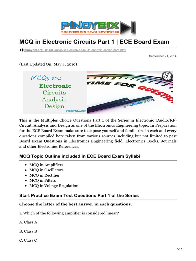 MCQ in Electronic Circuits Part 1 | PDF | Amplifier | Bipolar Junction ...