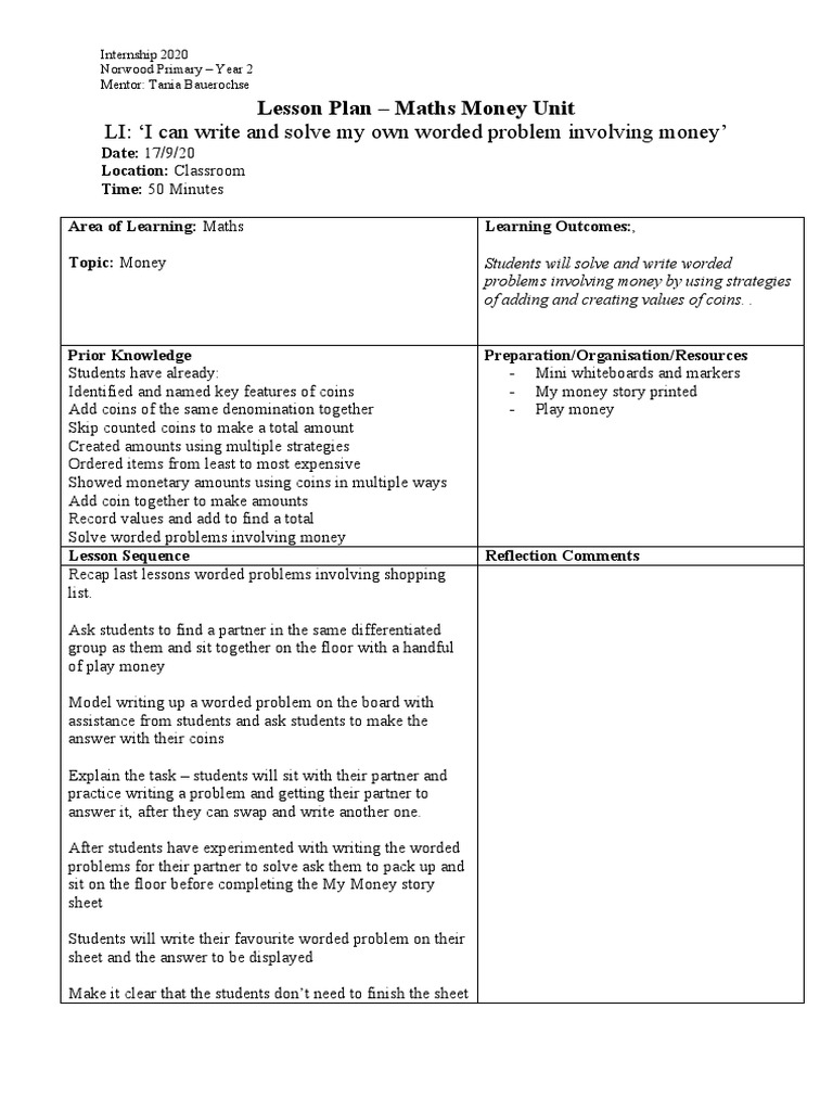 My Money Story Lesson Plan | PDF | Mentorship | Money