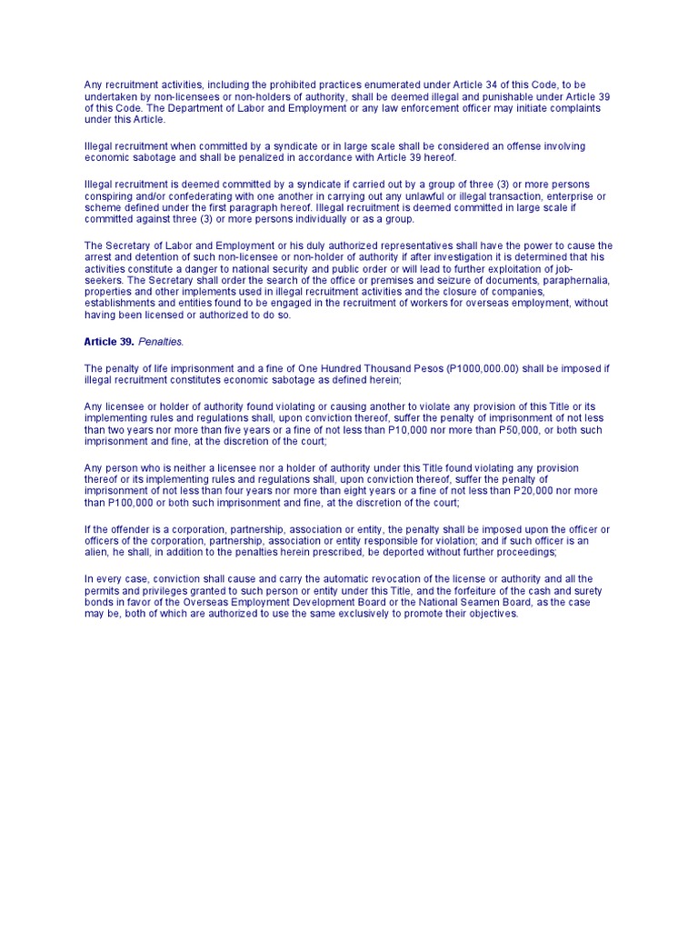 Article 39. Penalties | PDF | Fine (Penalty) | United States Labor Law