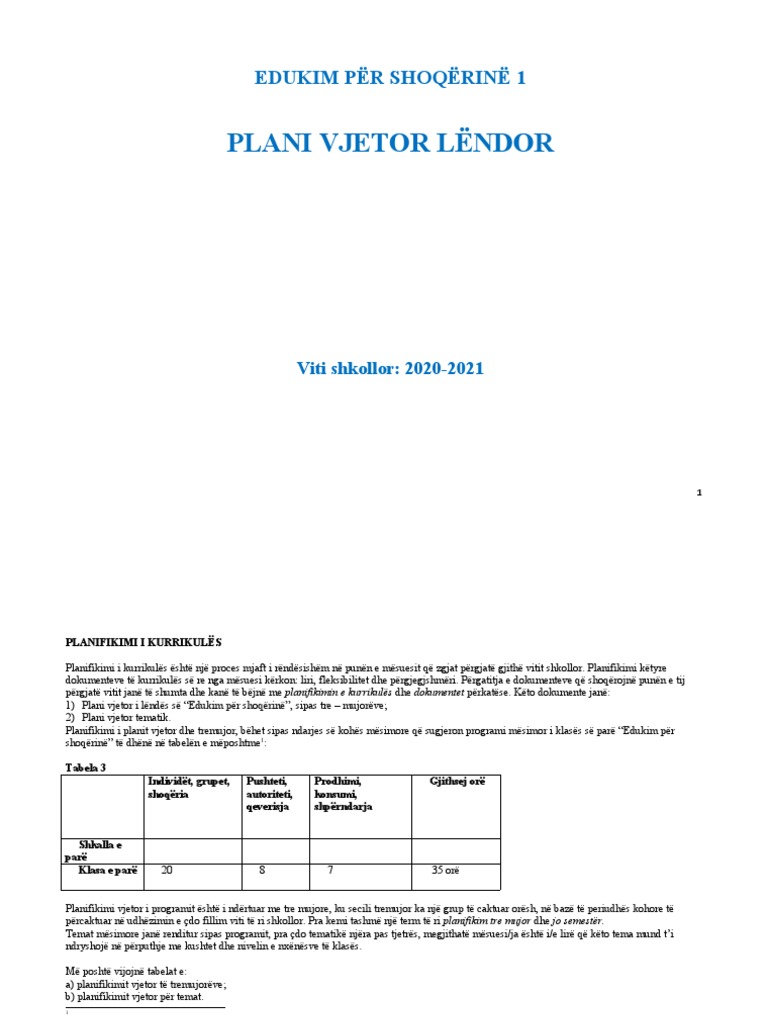 Edukim Per Shoqerine 1 Plani Vjetor 2020 2021 | PDF