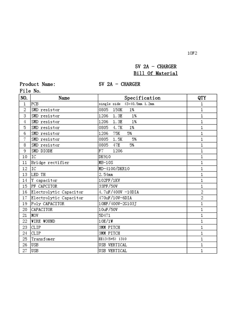 5V 2A - Charger Bill of Material Product Name: 5V 2A - Charger File No ...