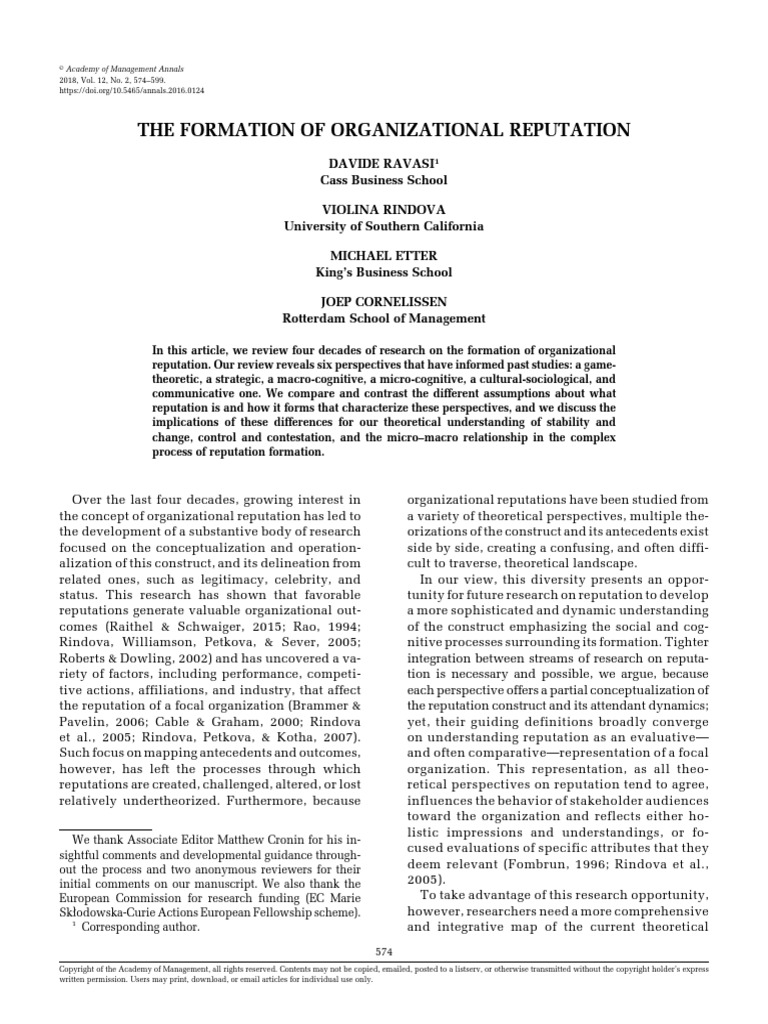 The Formation of Organizational Reputation | PDF | Reputation ...