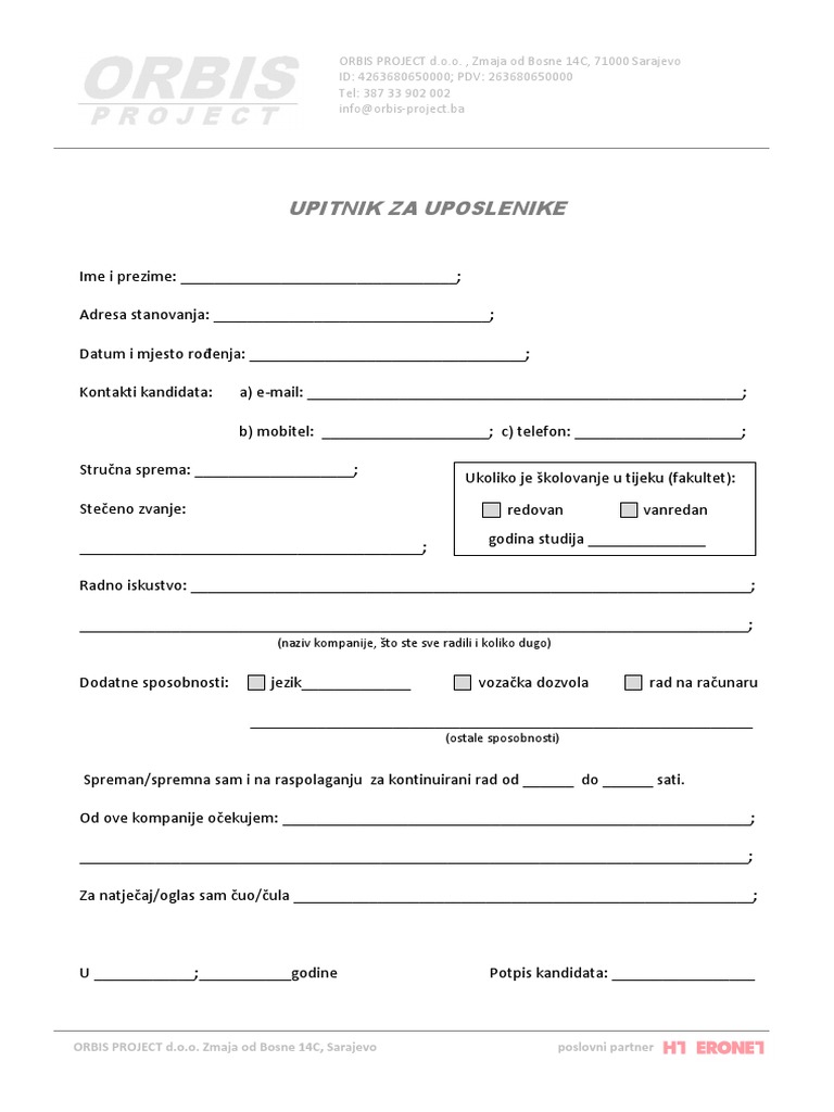 Upitnik Za Posao | PDF