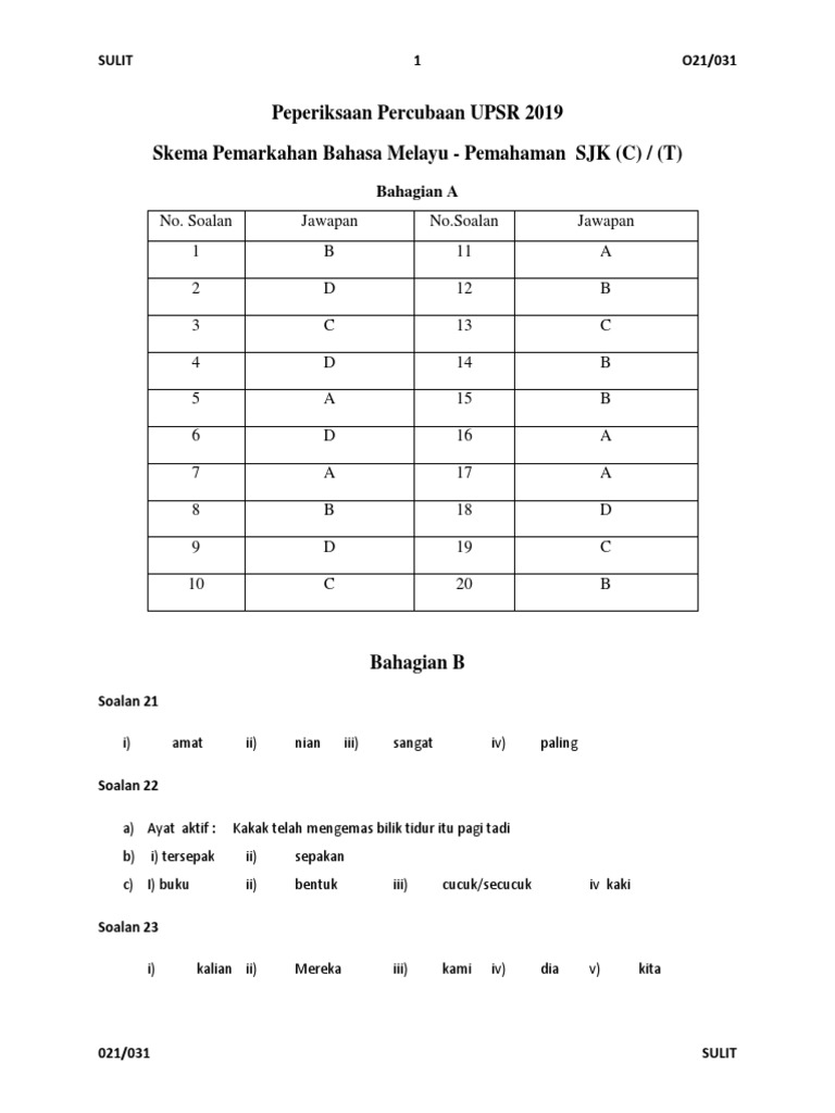 2019 Skema PP Upsr BM Pemahaman SJK 021 - 031 | PDF