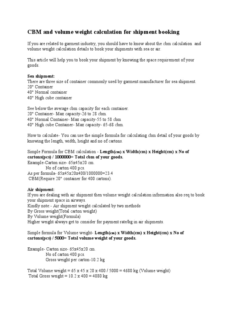 CBM and Volume Weight Calculation For Shipment Booking | PDF | Volume ...