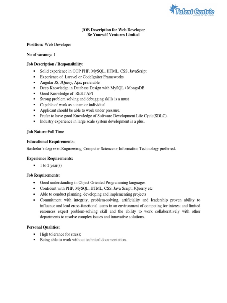 JD - Web Developer-Final PDF | PDF