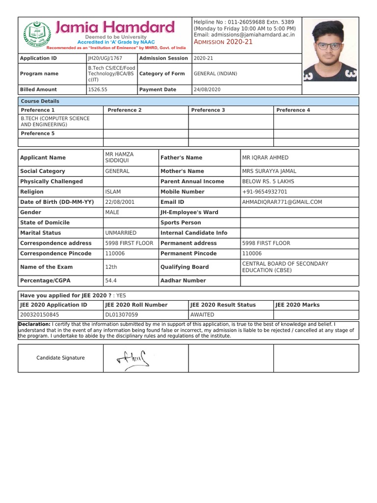 Admission Application Details for Hamza Siddiqui Seeking Enrollment in B.Tech Computer Science ...