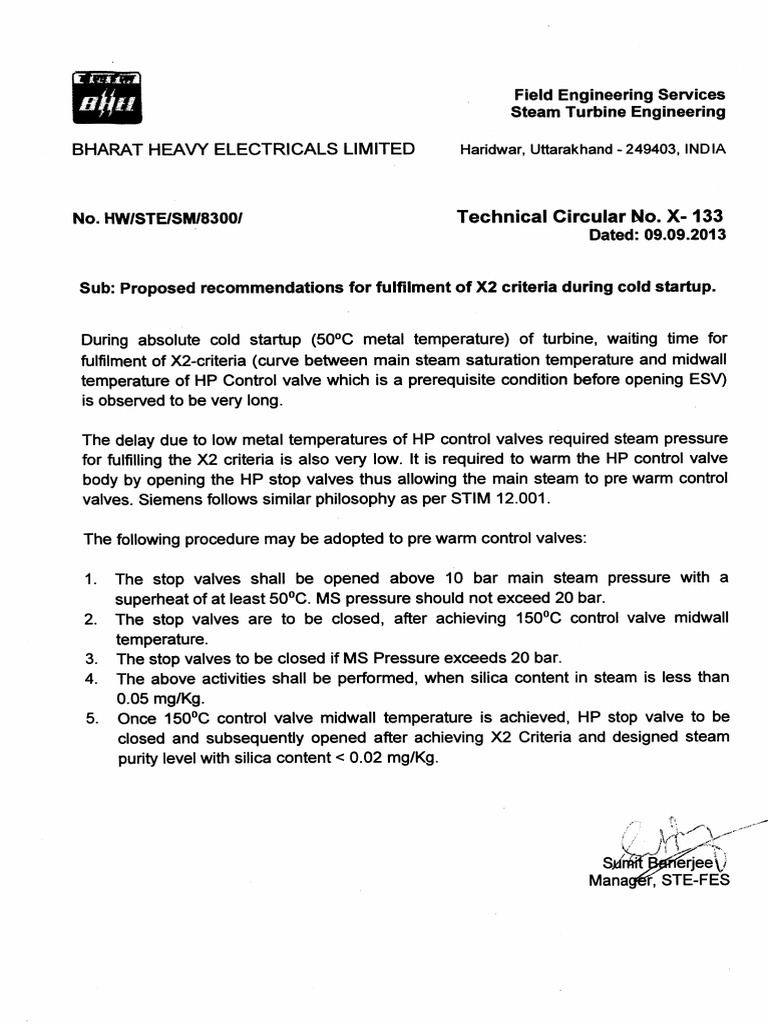 BHEL Technical Circulars X-133 | PDF
