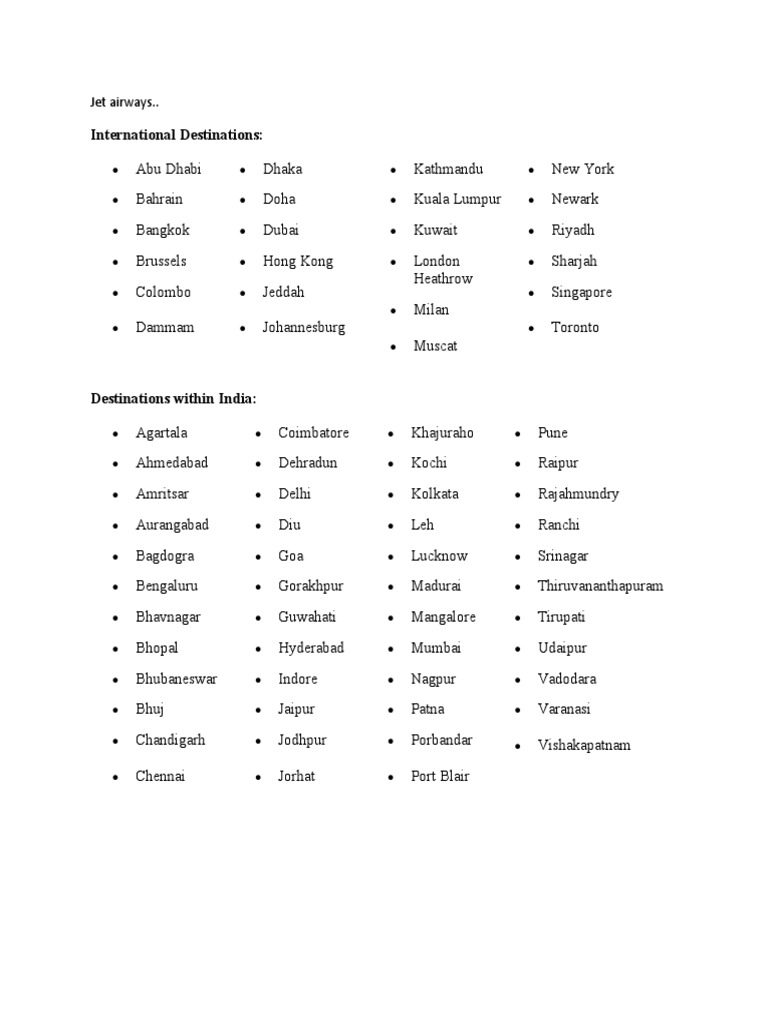 International Destinations:: Jet Airways. | PDF | Aviation | Transport