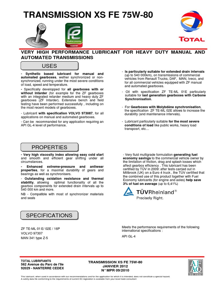 Transmission Xs Fe 75W-80: Very High Performance Lubricant For Heavy ...