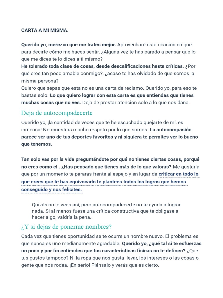 Carta A Mi Misma EJERCICIO AUTOESTIMA - Odt | PDF
