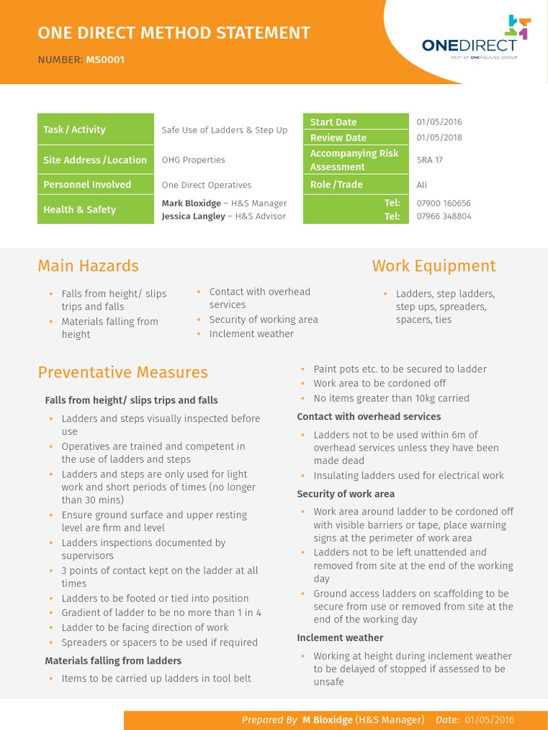 One Direct Method Statement: Main Hazards Work Equipment | PDF ...
