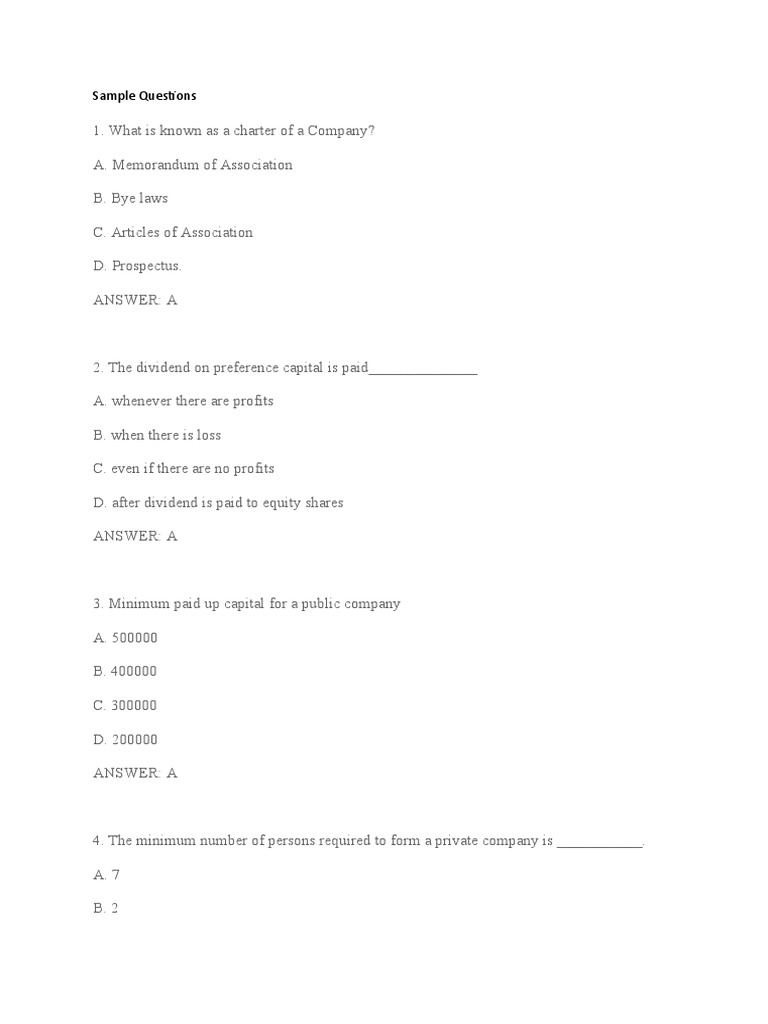 CE - Sample Questions | PDF | Articles Of Association | Dividend