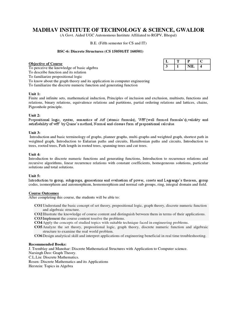 Discrete Structures Syllabus PDF | PDF | Discrete Mathematics | Group (Mathematics)