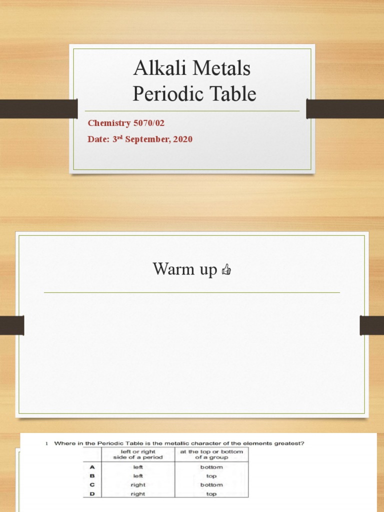 Alkali Metals Periodic Table: Chemistry 5070/02 Date: 3 September, 2020 ...