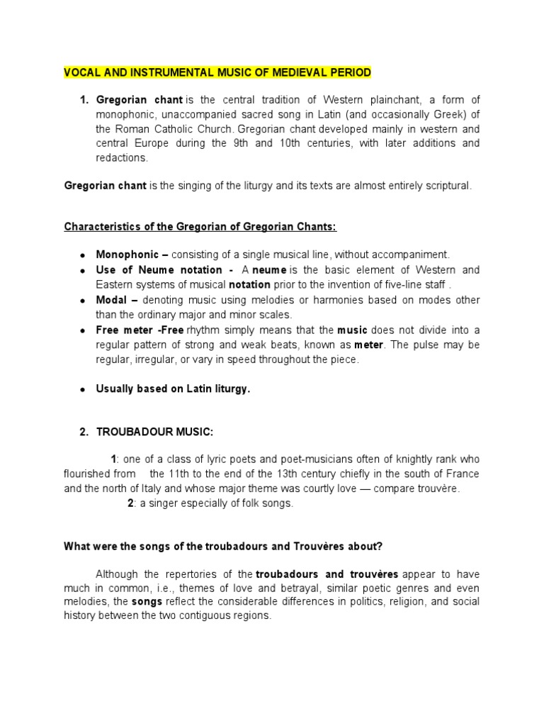 Vocal and Instrumental Music of Medieval Period | PDF | Gregorian Chant ...