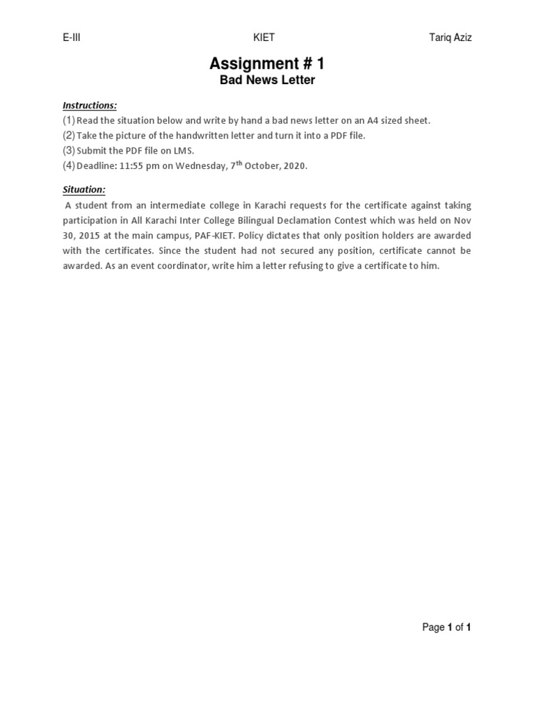 Bad News Letter (Assignment) | PDF