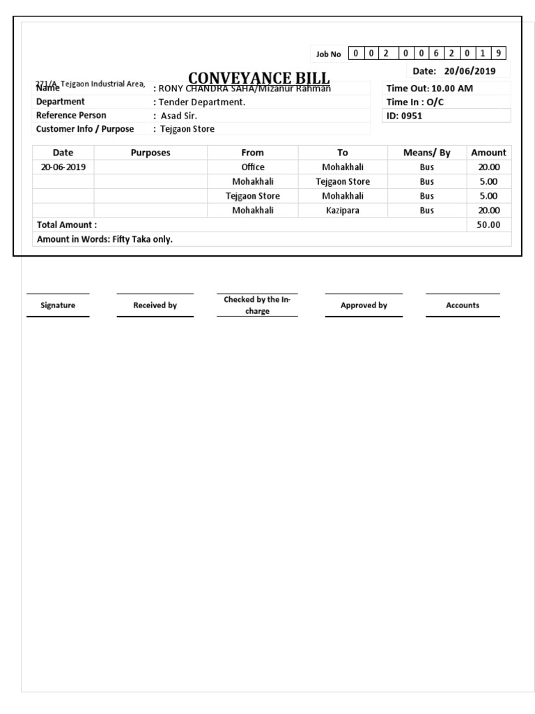 Conveyance Bill Documenting Transportation Expenses for Work-Related ...