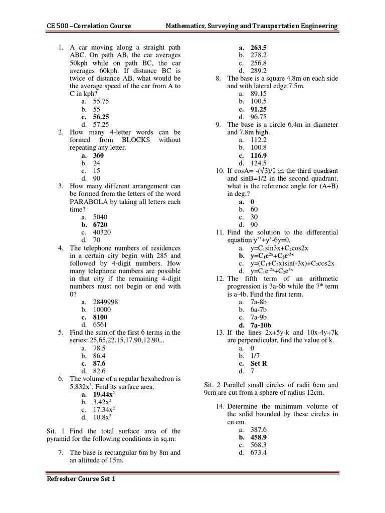 Math Set 1 Refresher PDF | PDF | Area | Volume