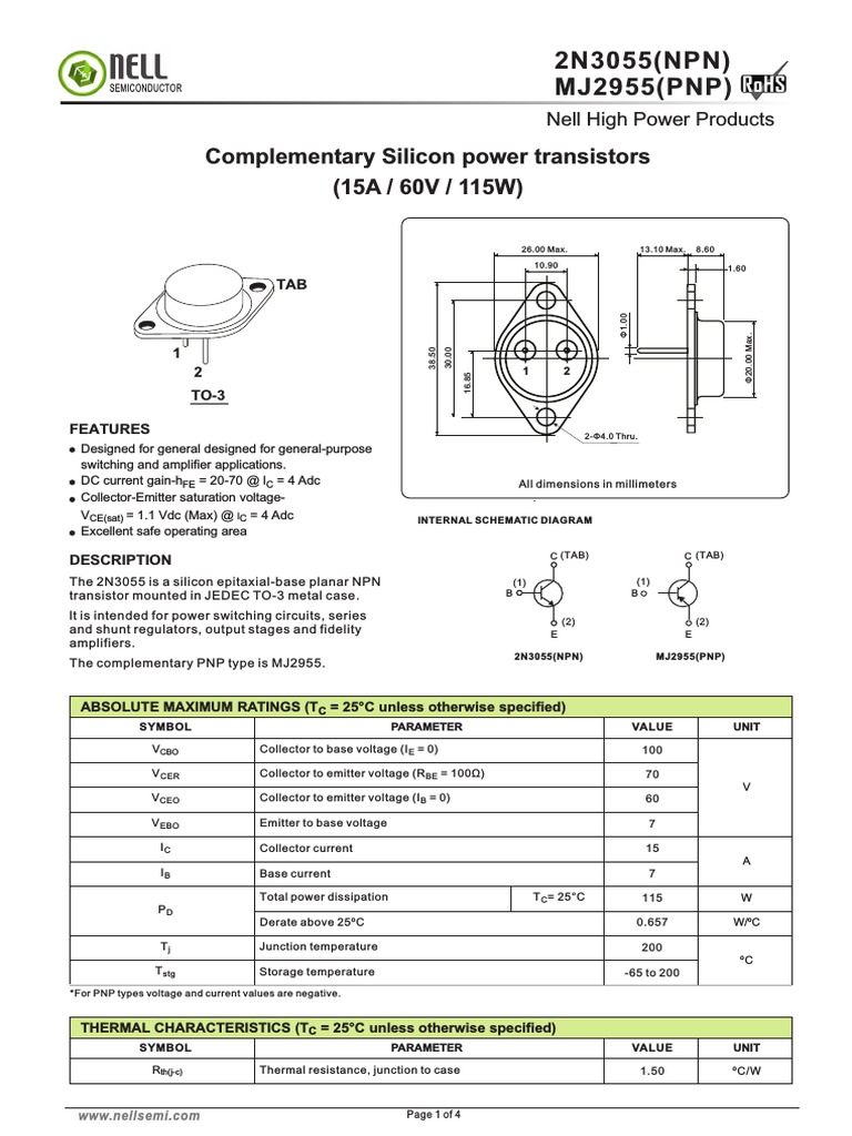 Complementary Silicon Power Transistors (15A/60V/115W): 2N3055(NPN) and ...