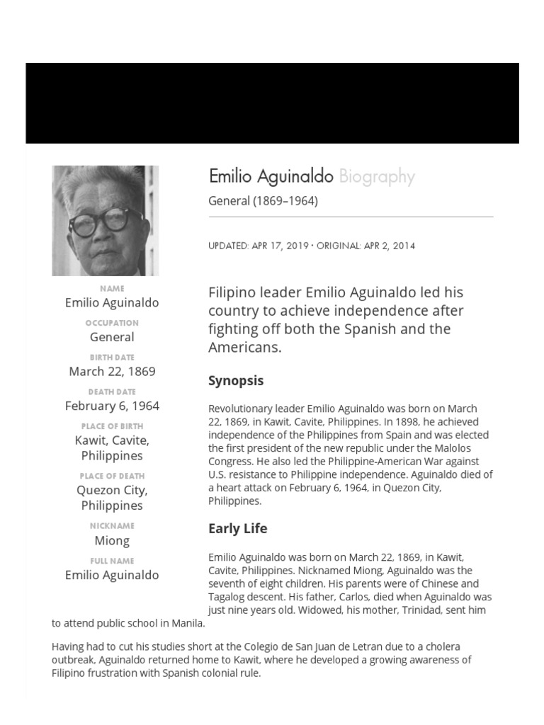 Emilio Aguinaldo - Contributions, Achievements & Death - Biography ...