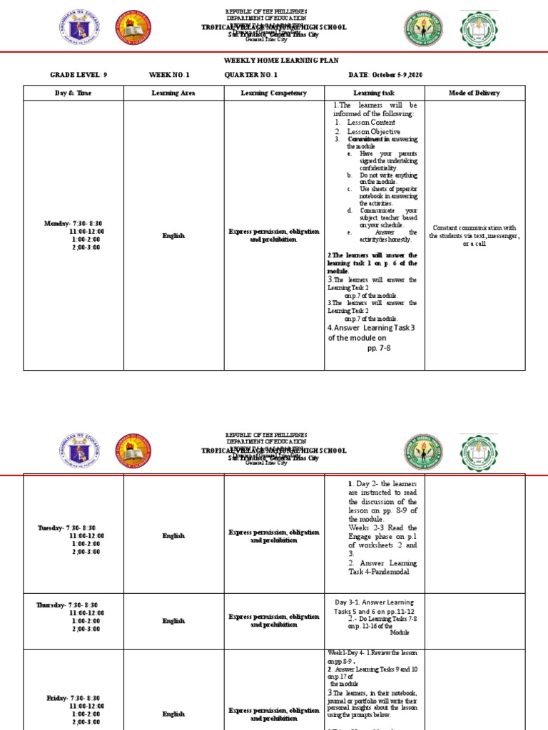 Grade 9 Weekly Learning Plan: English | PDF | Applied Psychology | Learning