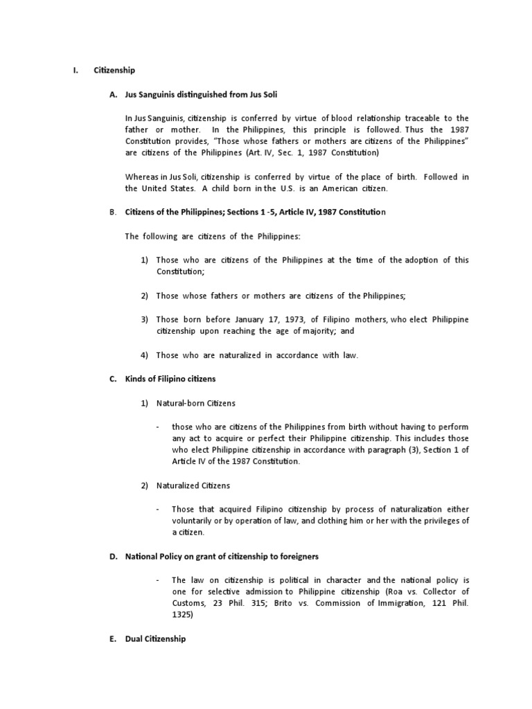 I. Citizenship A. Jus Sanguinis Distinguished From Jus Soli | PDF ...