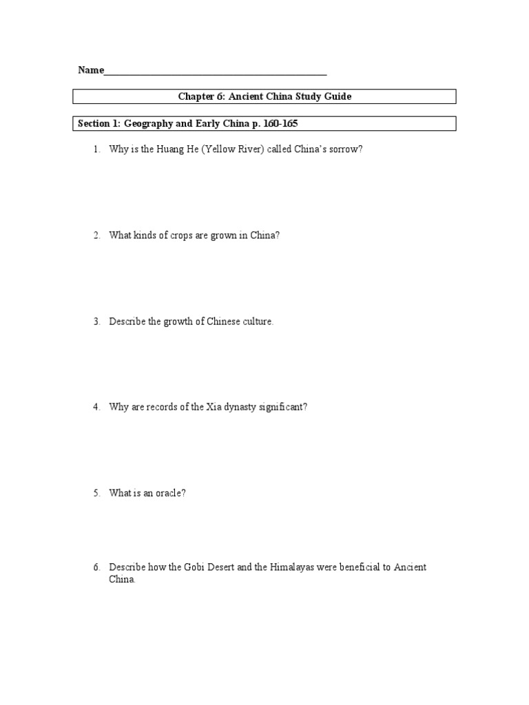 Name - Chapter 6: Ancient China Study Guide Section 1: Geography and ...