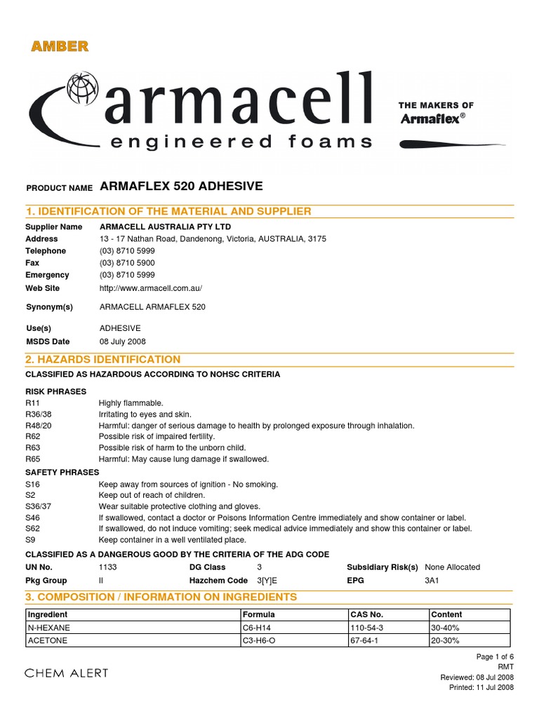 Armaflex 520 Adhesive: 1. Identification of The Material and Supplier ...