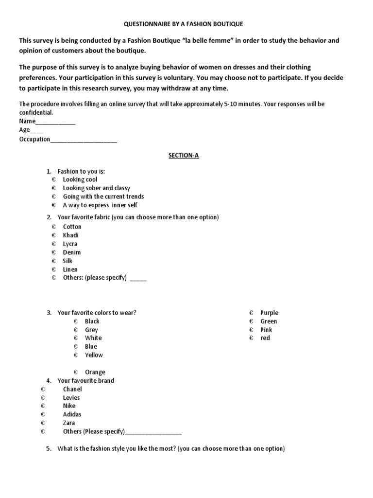 Questionnaire by A Fashion Boutique | PDF | Fashion | Online Shopping