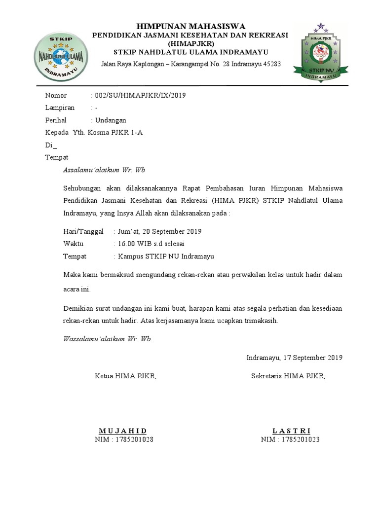 Surat Undangan Hima PJKR 2019-2020 | PDF