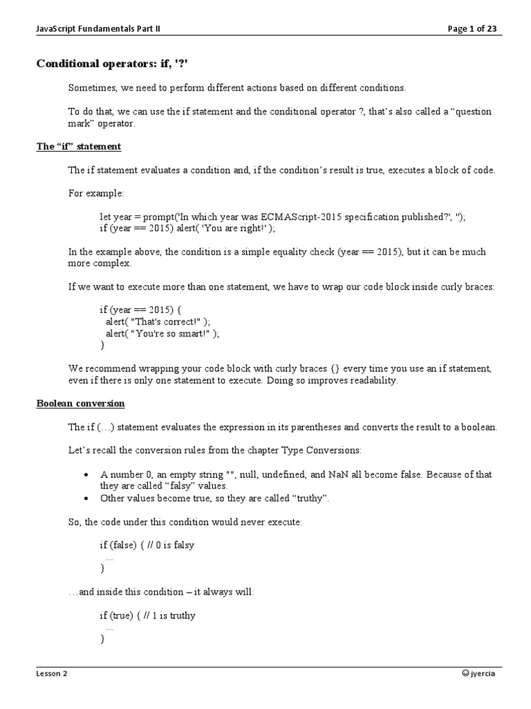 Lesson 2 JavaScript Fundamentals Part 2 | PDF | Control Flow | Boolean ... Lesson 2 JavaScript Fundamentals Part 2 | PDF | Control Flow | Boolean ...