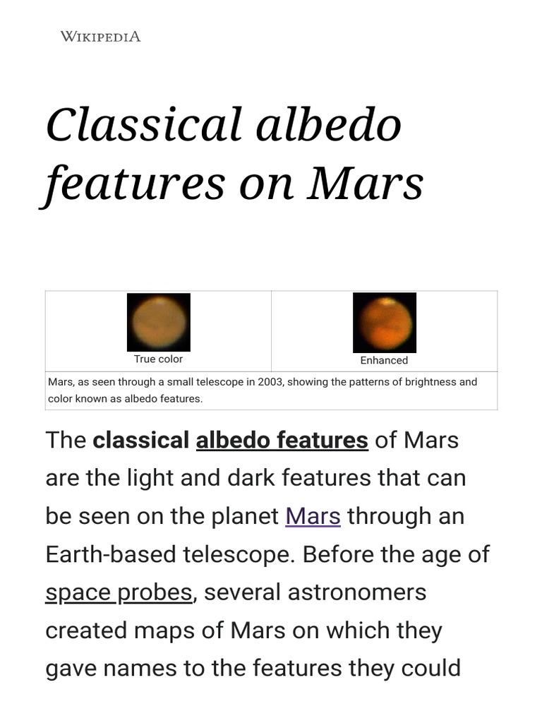 Classical Albedo Features On Mars - Wikipedia | PDF | Mars | Science