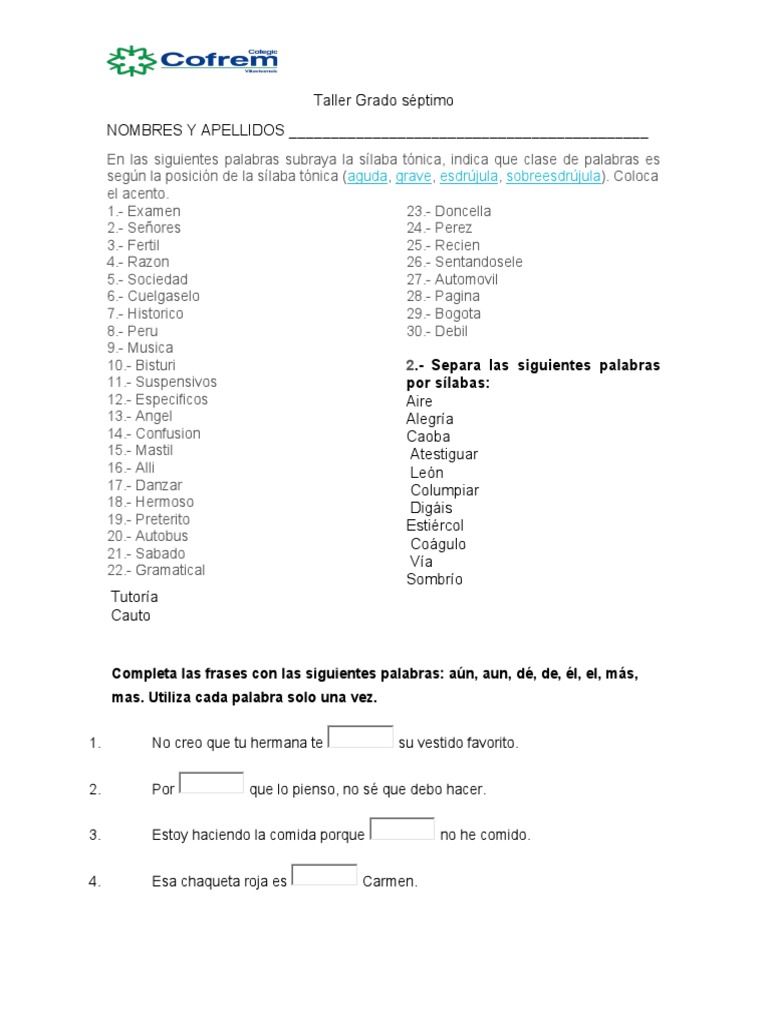 Taller de Palabras Agudas y Graves | PDF