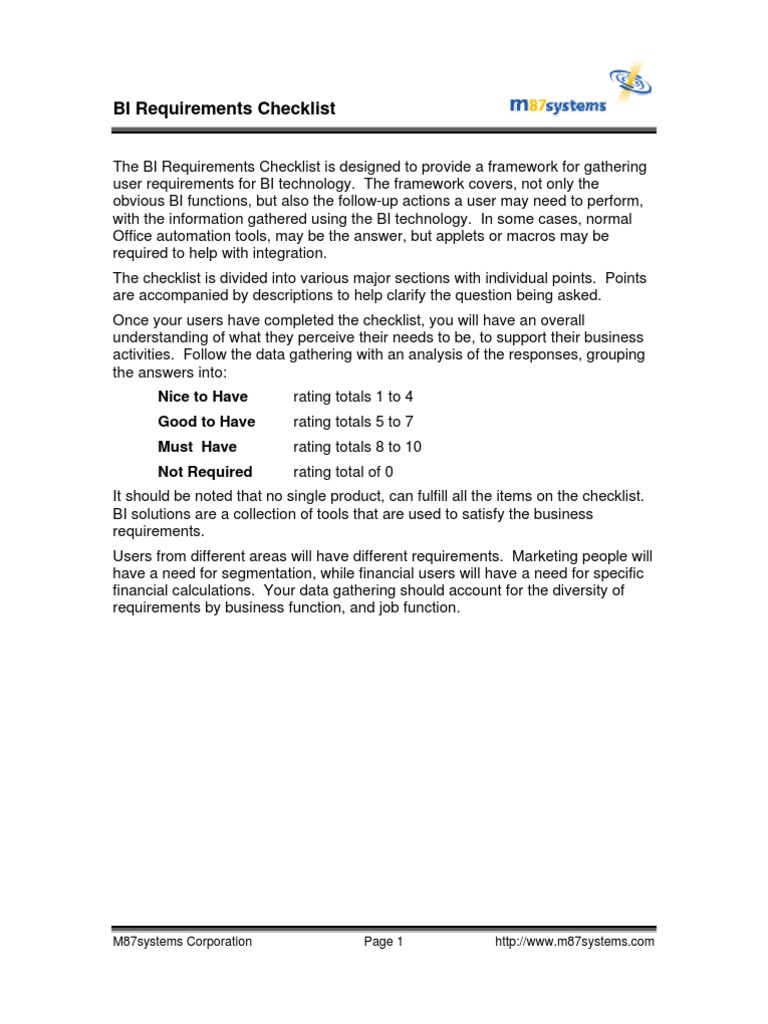 BI Requirements Gathering Checklist | PDF | Data Analysis | Spreadsheet
