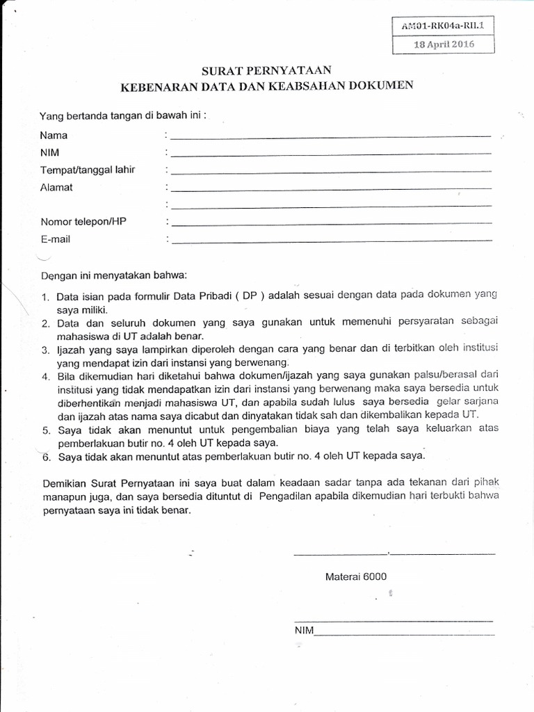 Formulir Surat Pernyataan Utk Sma Ut | PDF