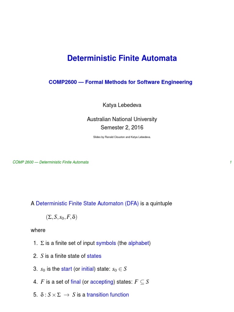 Deterministic Finite Automata: COMP2600 - Formal Methods For Software Engineering | Download ...